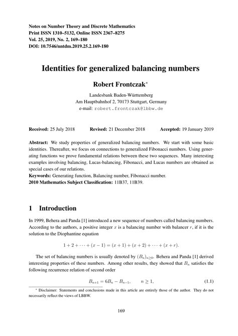 Pdf Identities For Generalized Balancing Numbers