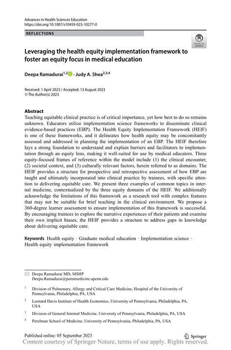 pdf leveraging the health equity implementation framework to foster an equity focus in medical