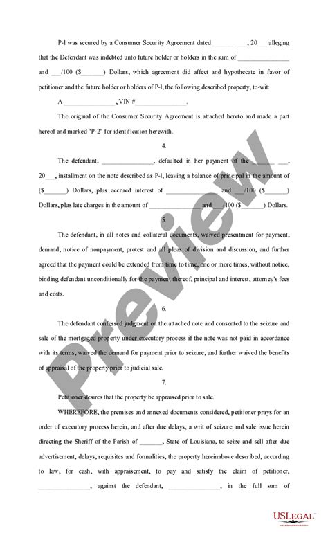 Louisiana Petition For Executory Process Of Vehicle With One Defendant