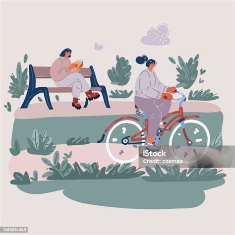 공원에서 자전거를 조종하는 여자의 벡터 그림 Anothe 사람은 벤치에서 책을 읽었습니다 건강한 생활방식에 대한 스톡 벡터 아트 및 기타 이미지 건강한 생활방식 나무