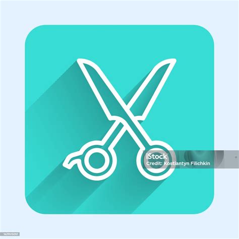 흰색 선 가위 미용사 아이콘은 긴 그림자로 분리되어 있습니다 미용사 패션 살롱 이발소 간판 이발소 상징 녹색 사각형 버튼입니다 벡터 3차원 형태에 대한 스톡 벡터 아트 및