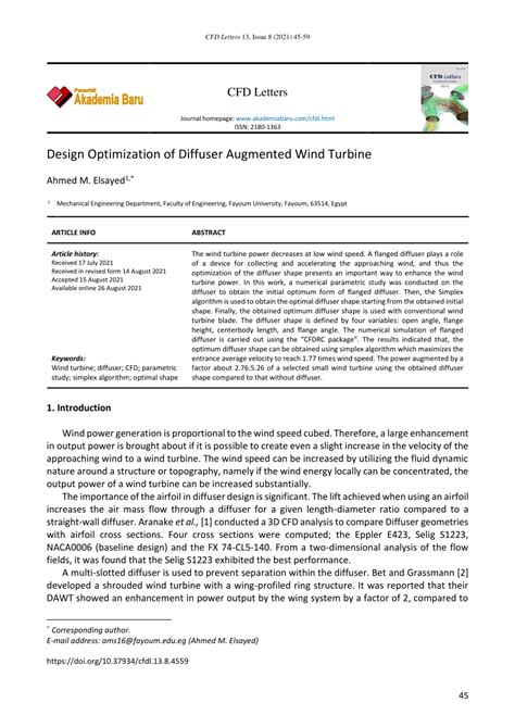 Pdf Design Optimization Of Diffuser Augmented Wind Turbine