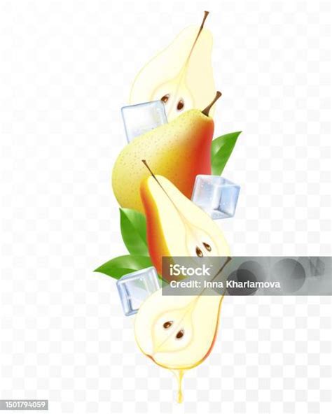 얼음 조각이 떨어지거나 날아가는 신선한 배 나뭇잎 전체 배 반 배 조각 투명한 배경에 분리된 3d 사실적인 벡터 일러스트레이션이 있는 요소의 구성 0명에 대한 스톡 벡터