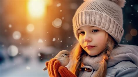 Premium Ai Image Pretty Small Girl In Winter Clothes Holding Sparrow Bird On Hand On Winter