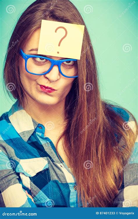 Thinking Woman With Big Eyeglasses And Light Bulb Stock Image Image Of Green Asking 87401233