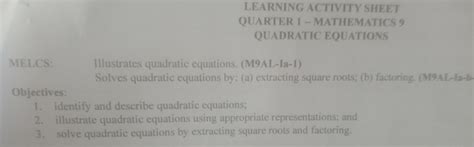 Solved Learning Activity Sheet Quarter 1 Mathematics 9 Quadratic