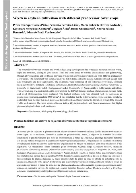 Pdf Weeds In Soybean Cultivation With Different Predecessor Cover