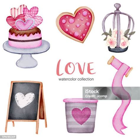 큰 고립 된 수채화 발렌타인 개념 요소 사랑스러운 낭만적 인 레드 핑크 하트 장식 벡터 일러스트 레이 션의 세트 그리기에 대한 스톡 벡터 아트 및 기타 이미지 Istock