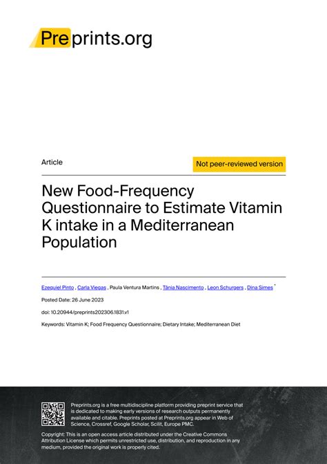 Pdf New Food Frequency Questionnaire To Estimate Vitamin K Intake In A Mediterranean Population
