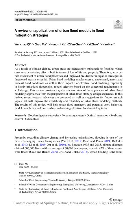 A Review On Applications Of Urban Flood Models In Flood Mitigation Strategies Request Pdf