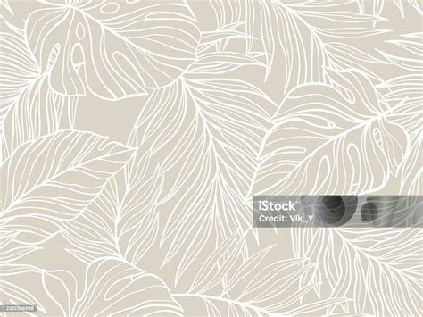 Monstera와 열대 지방의 벡터 일러스트 레이 션은 베이지 톤의 윤곽 패턴 디자인 및 장식 프로젝트를위한 자연스러운 우아함과 열대 스타일을 강조하는 원활한 배경을