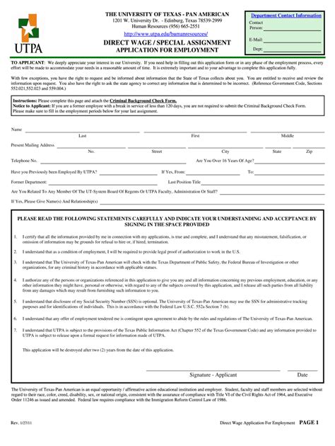 Human Resources Direct Wage Special Assignment Application Of Fill Out