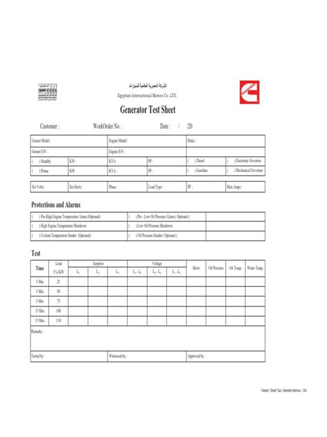 Generator Test Sheet Pdf Engines Power Physics
