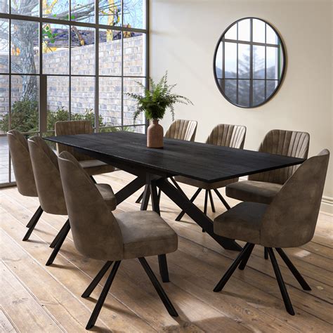 Extendable Black Dining Table With 8 Brown Swivel Faux Leather Dining