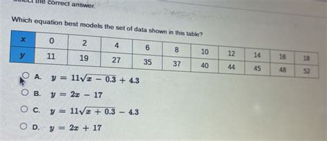 solved nect the correct answer which equation best models the set of