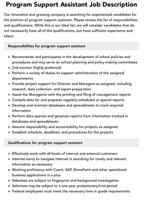 Program Support Assistant Job Description Velvet Jobs