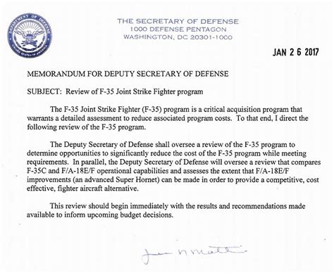 Secdef Mattis Signs Memo To Officially Review F 35 Program And Reduce