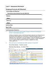 Lab1 Pdf Lab 1 Assessment Worksheet Analyzing Protocols With Wireshark Course Name And