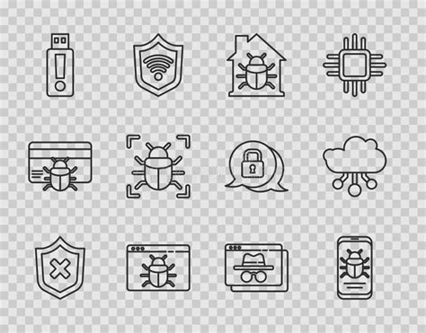 Set Line Shield With Cross Mark System Bug On Mobile House System Usb Flash Drive Browser