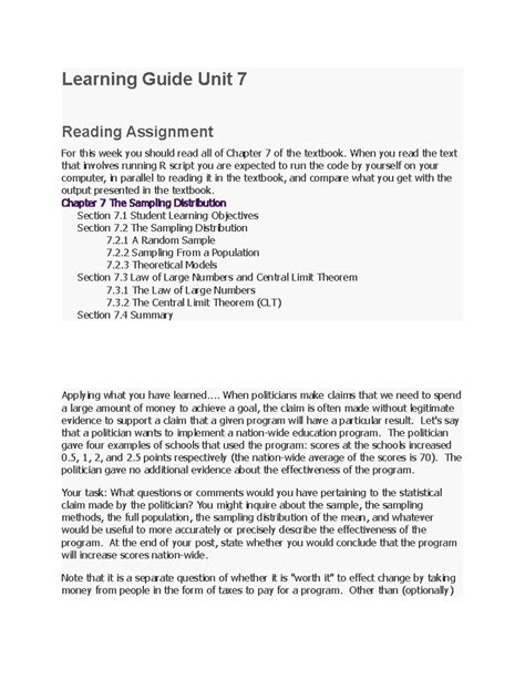 Learning Guide Unit 7 Math 1280 Learning Guide Unit 7 Reading Assignment For This Week You