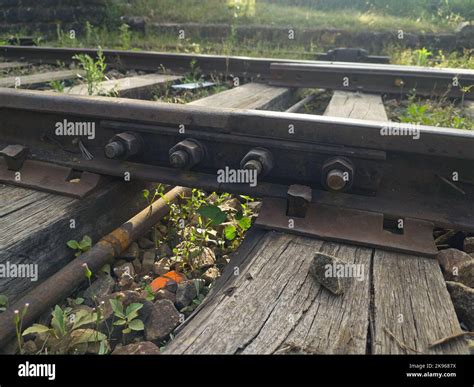 Close Up Of Railroad Rail Joint Or Connection With Grown Weeds Or Grass Selective Focus In Side
