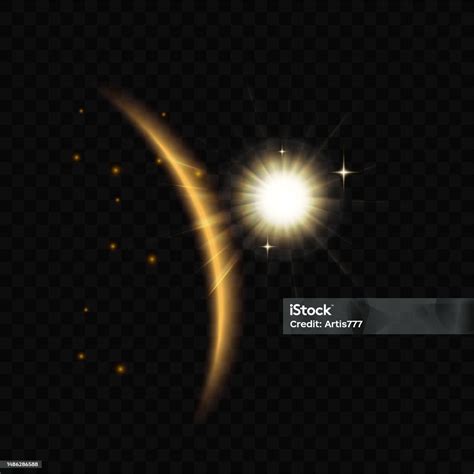 어두운 공간에서 황금빛 발광 일식 빛나는 조명 효과가 있는 곡선 행성 가장자리 일출에 대한 스톡 벡터 아트 및 기타 이미지 일출 우주 행성 Istock