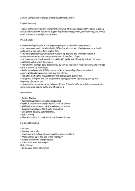 Activity Complete Your Project Charter Assignment Project Goals
