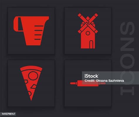 롤링 핀 계량컵 풍차 피자 슬라이스 아이콘을 설정합니다 벡터 검은색에 대한 스톡 벡터 아트 및 기타 이미지 검은색 고풍스런 굴리기 Istock