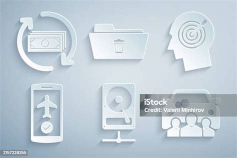 설정 공유 네트워크 헤드 헌팅 개념 비행 모드 모바일 자동차 폴더 삭제 및 환불 돈 아이콘에 하드 디스크 드라이브 벡터 3차원 형태에 대한 스톡 벡터 아트 및 기타 이미지