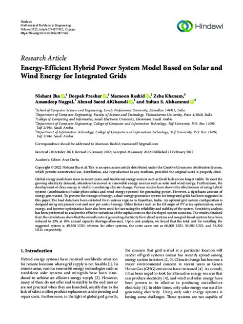 Pdf Energy Efficient Hybrid Power System Model Based On Solar And Wind Energy For Integrated Grids