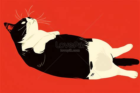 빨간색 배경에서 올려다보는 검은 고양이 일러스트 무료 다운로드 Lovepik