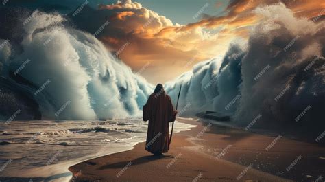 Miracle Biblique Vue Arrière De Moïse Divisant La Mer Avec Son Bâton