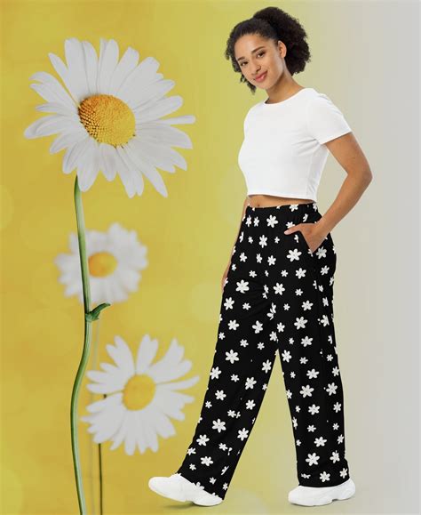 Daisy Print Wide Leg Pants Black And White Floral Loungewear Etsy