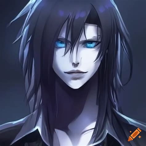 Male Vampire With Long Black Hair Glowing Blue Eyes And Pale Skin In