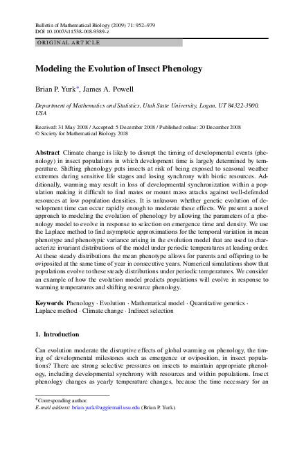 Pdf Modeling The Evolution Of Insect Phenology