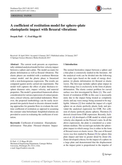 A Coefficient Of Restitution Model For Sphereplate Elastoplastic