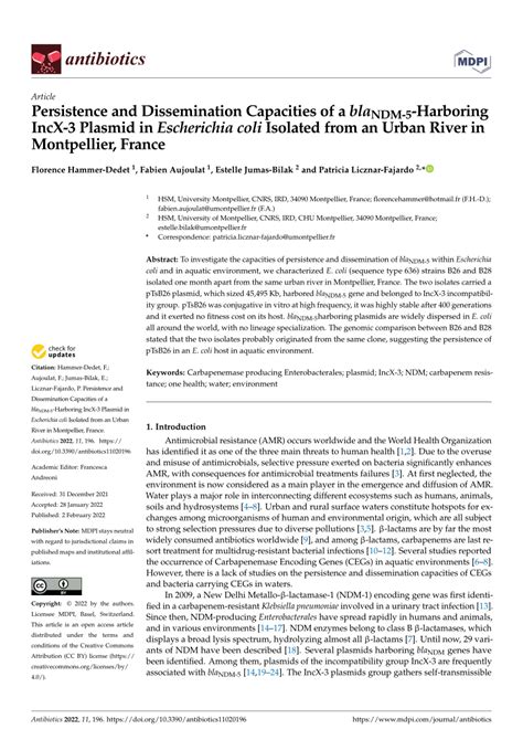 Pdf Persistence And Dissemination Capacities Of A Blandm 5 Harboring Incx 3 Plasmid In