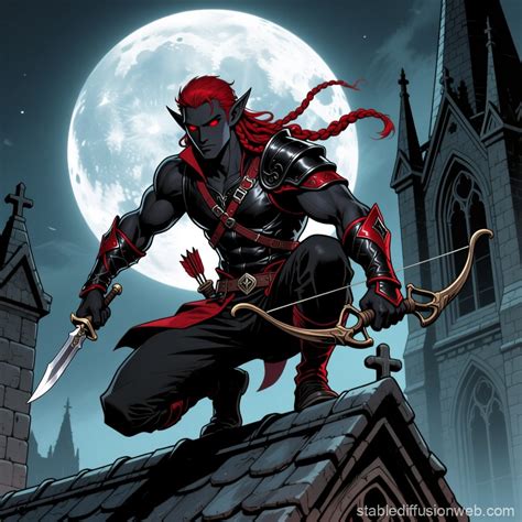 Black Elf Assassin On Gothic Church Roof Stable Diffusion Online