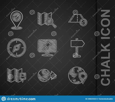 Set Push Pin Location On The Globe Road Traffic Sign Folded Map With Location Marker Compass