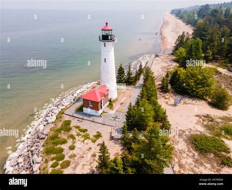 Aerial Photograph Of Crisp Point Lighthouse On The Shore Of Lake