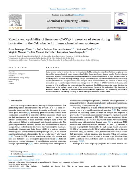 Kinetics And Cyclability Of Limestone Caco3 In Presence Of Steam During Calcination In The Cal