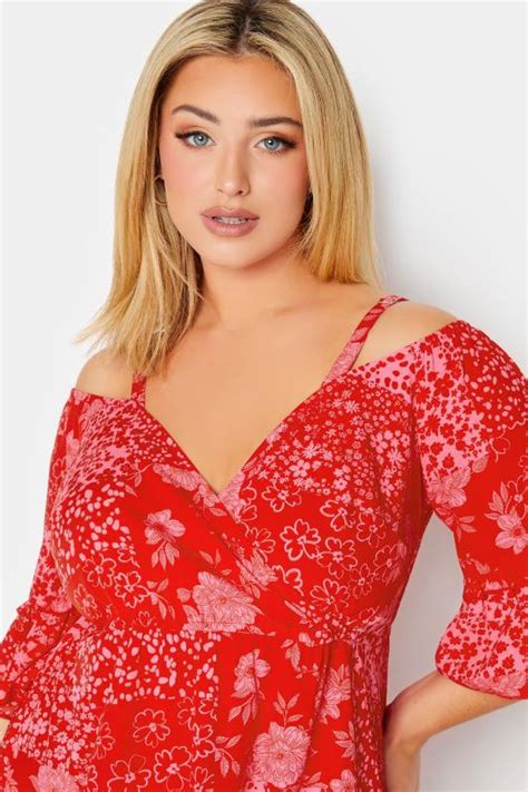 Plus Size Red Mixed Print Cold Shoulder Top Yours Clothing