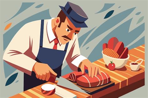 Premium Vector A Focused Chef Slices Meat On A Cutting Board