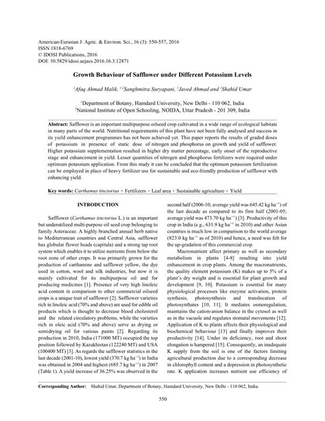 Pdf Growth Behaviour Of Safflower Under Different Potassium Levels