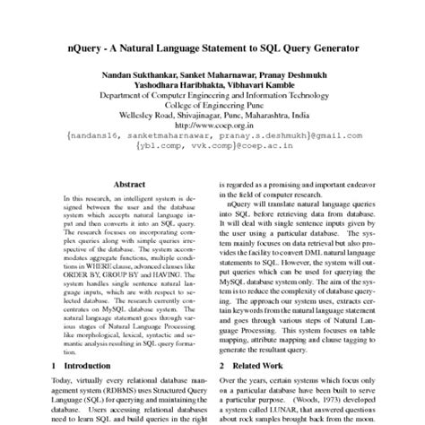Nquery A Natural Language Statement To Sql Query Generator Acl Anthology
