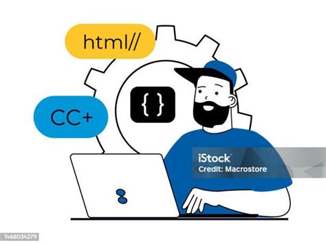 Web Development Concept With Character Situation Man Working With Html And Program Languages At