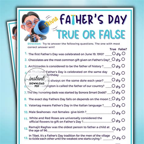 Fathers Day Trivia Game True Or False Questionnaire Game Fathers Day