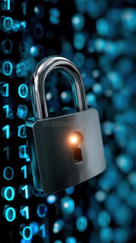 Metal Padlock Securing Binary Code Data Stream Digital Security