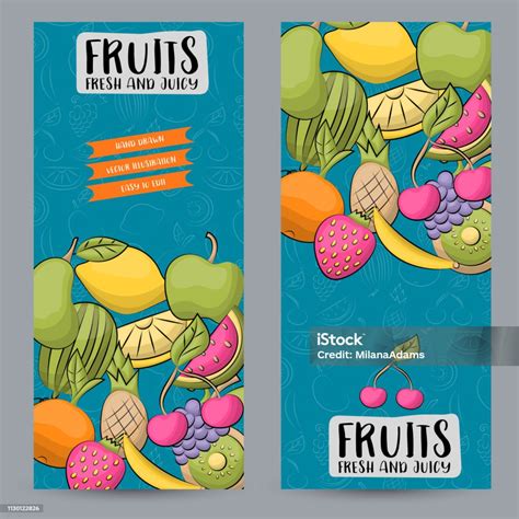 여름 건강 한 과일과 열매 수직 배너 세트 대 한가 게 제공 할인 잡지 광고 웹 디자인 서식 파일 귀여운 손 그려진 만화 스타일 벡터 일러스트 레이 션 0명에 대한 스톡