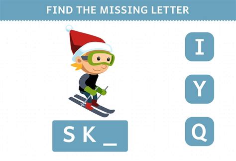 아이들을 위한 교육 게임은 인쇄 가능한 겨울 워크시트에서 스키를 타는 귀여운 만화 소년의 누락된 편지를 찾습니다 프리미엄 벡터
